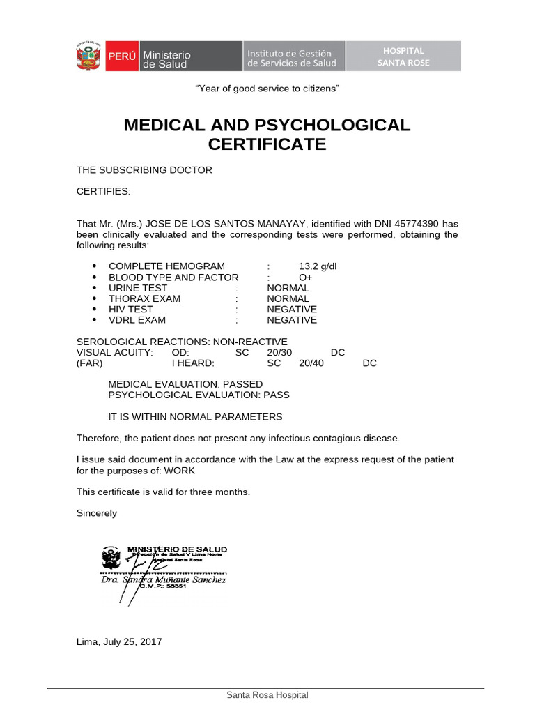 Medical Fitness Certificate for Work | PDF