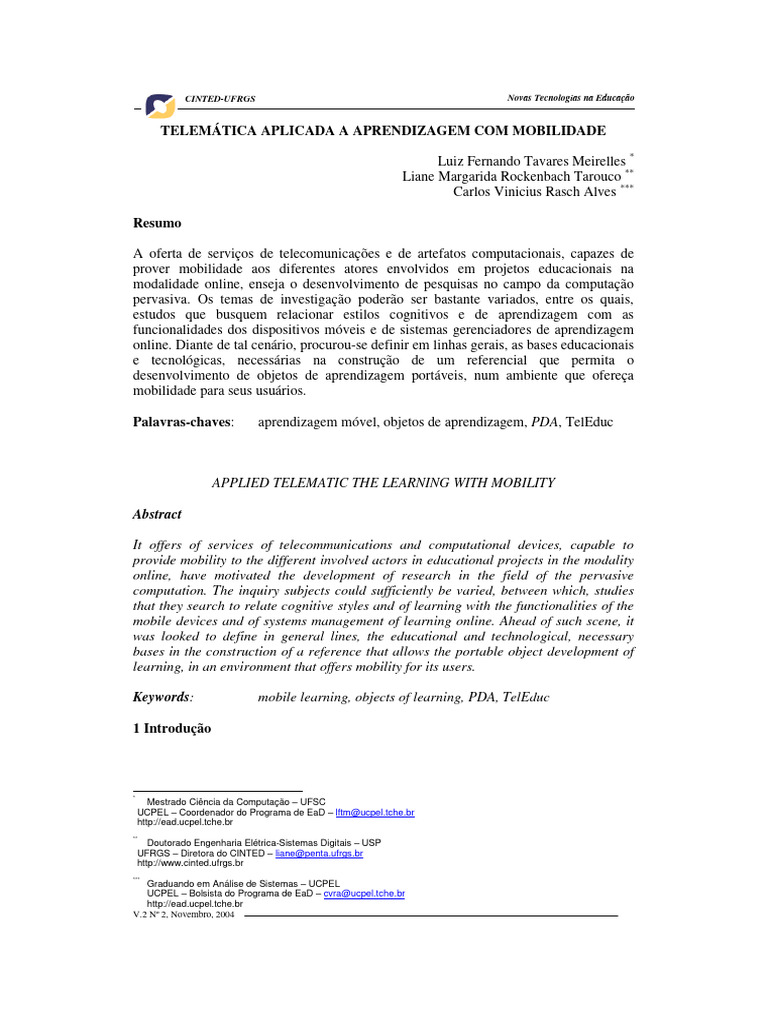 Telemática Aplicada A Aprendizagem Com Mobilidade: Novas Tecnologias Na ...