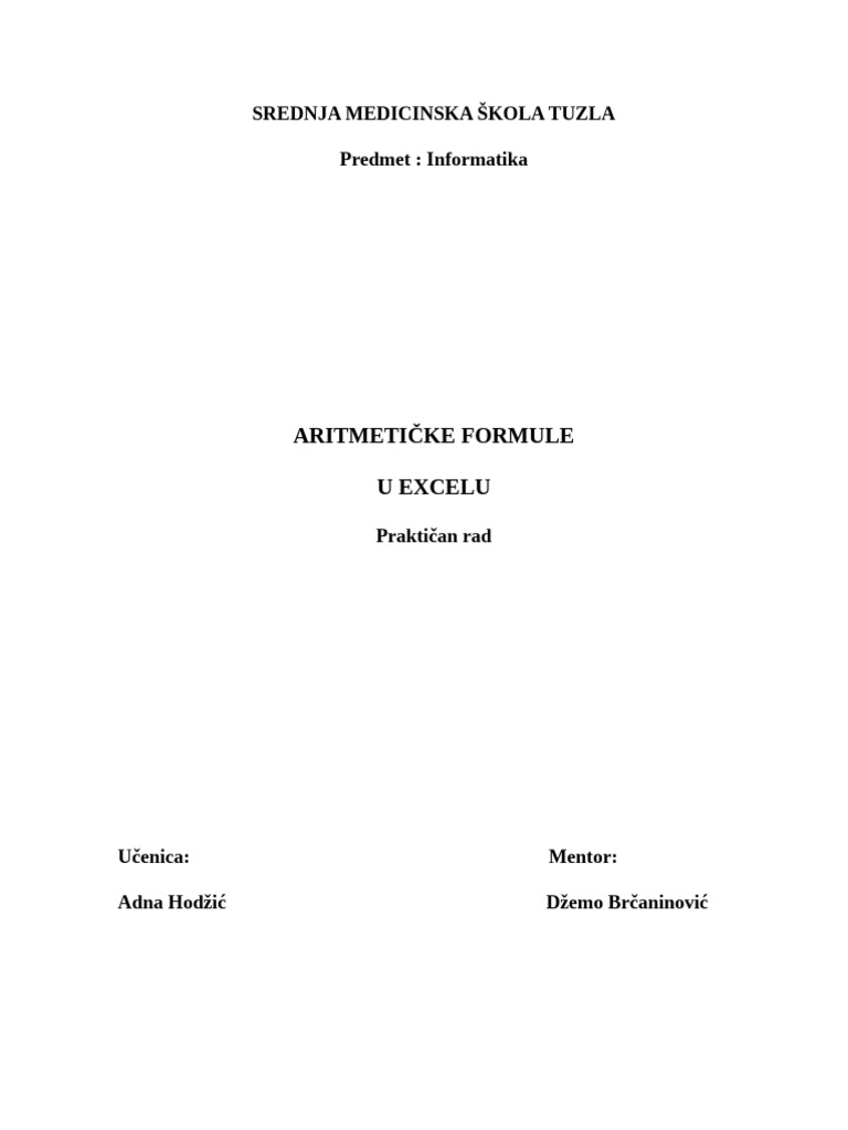 ARITMETIČKE FORMULE U Exelu | PDF