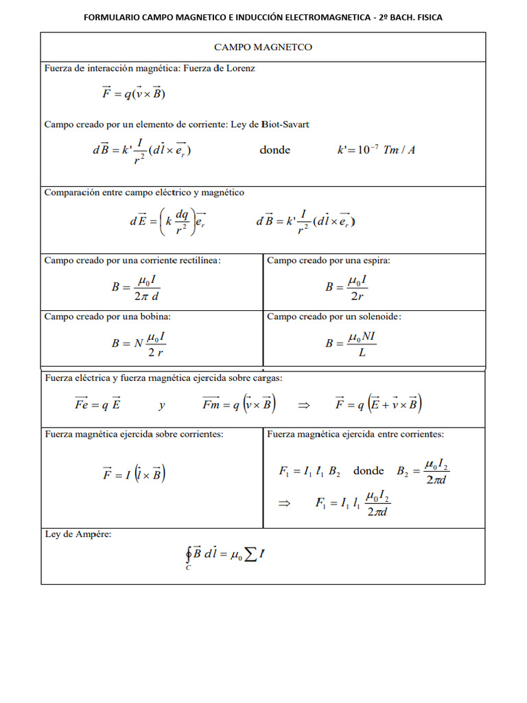 Formulario Campo Magnetio Induccion | PDF