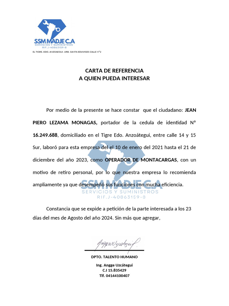 CARTA DE REFERENCIA TRABAJO | PDF