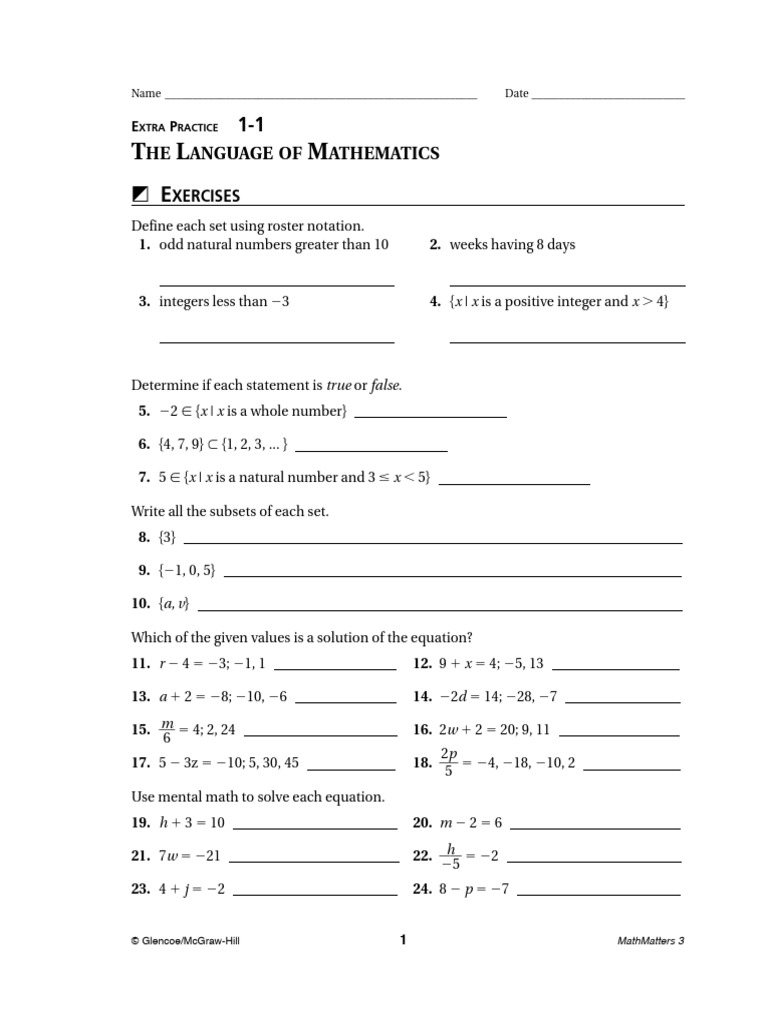 MathMatters 3: Extra Practice 1-1 | PDF