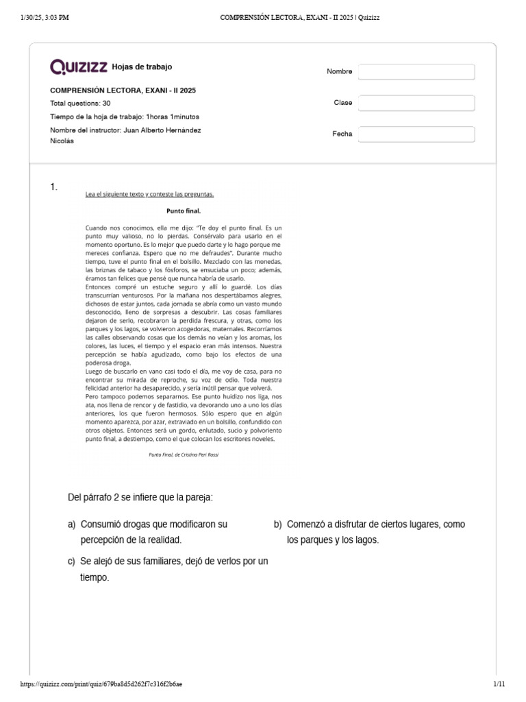 COMPRENSIÓN LECTORA, EXANI - II 2025 - Quizizz | PDF | Globalización ...