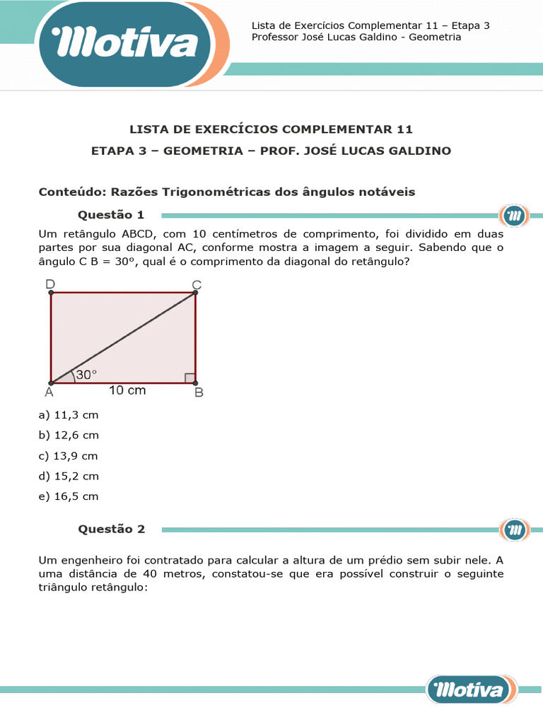 (Lista Complementar 11 - 9ano) Etapa 3 - Ângulos Notáveis | PDF | Triângulo | Geometria Elementar