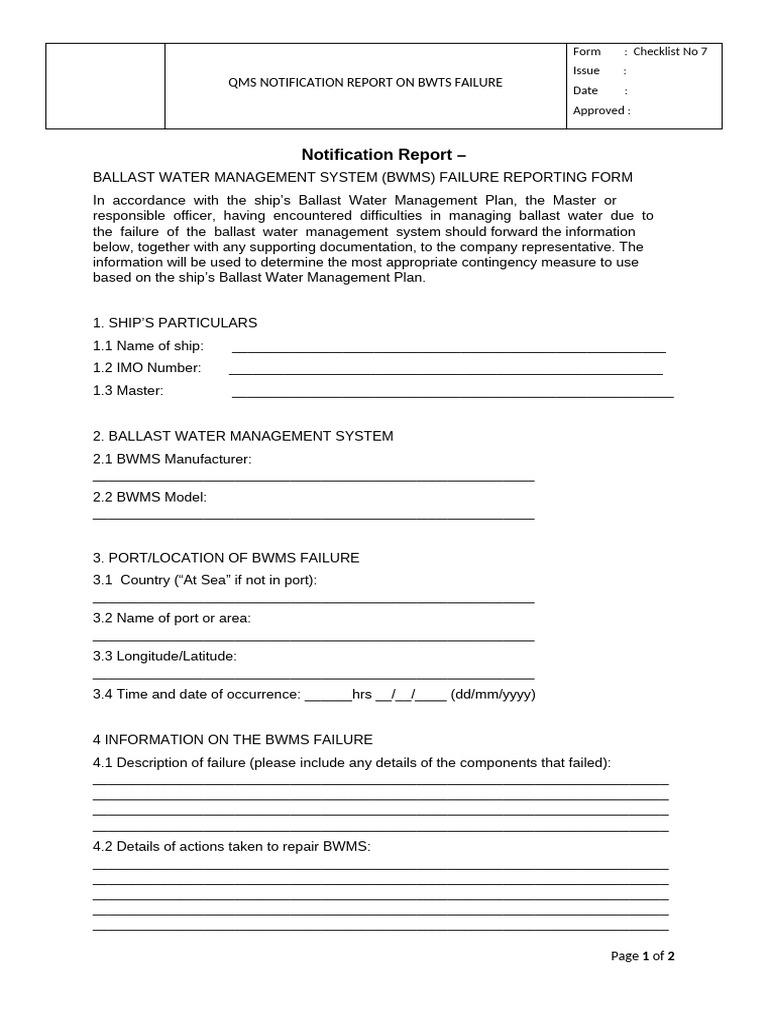 Checklist 7 BWTS Failure Notification Report | PDF | Watercraft | Ships