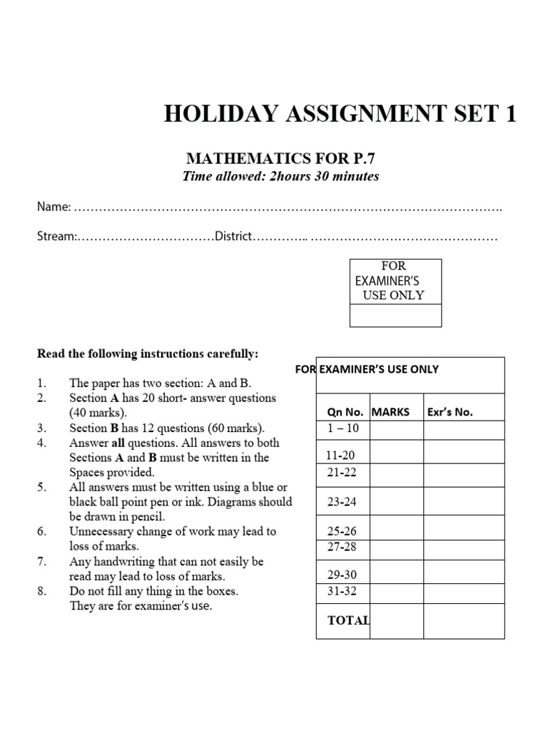 p.7 Math Holiday Work Set 1 | PDF | Elementary Mathematics | Mathematics