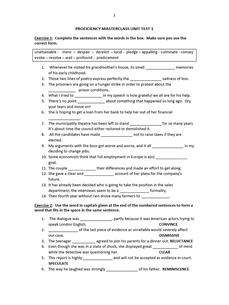 Proficiency Masterclass Unit Test 1 | PDF