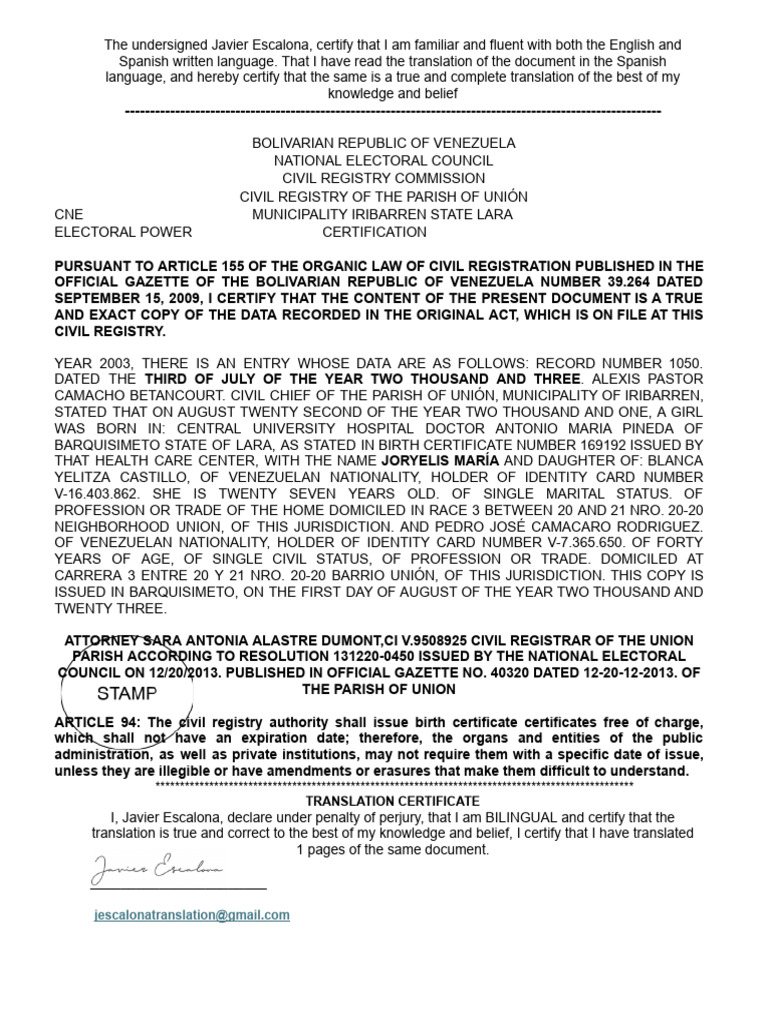 Bilingual Translation Certification Document | PDF | Birth Certificate ...