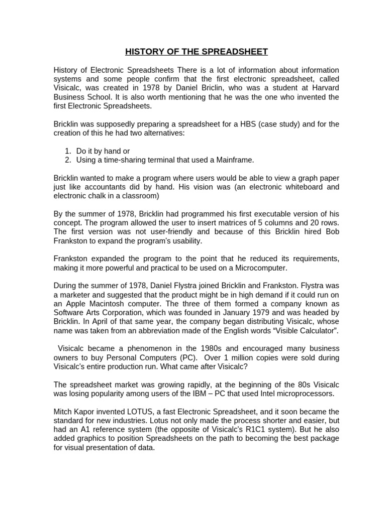 Evolution of Electronic Spreadsheets | PDF | Spreadsheet | Microsoft Excel