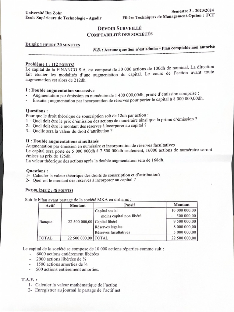 Exam Compta De Sté S3 | PDF