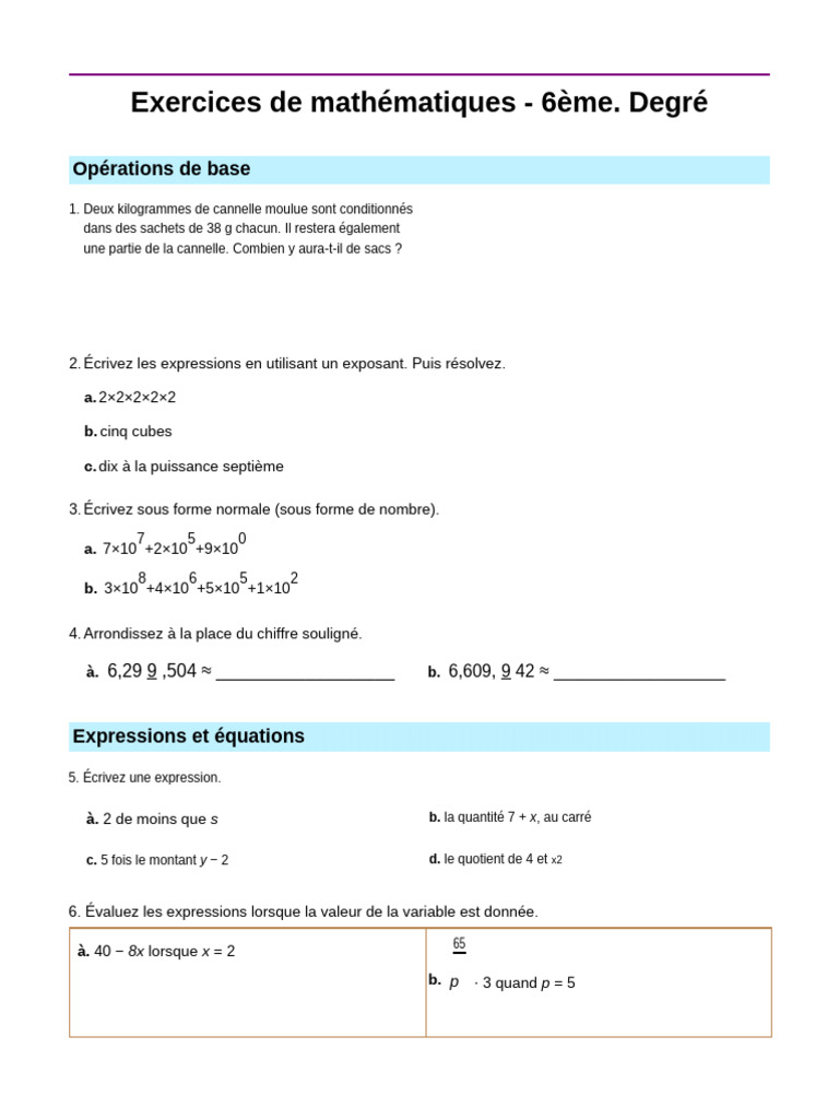 Exercices de mathématiques pour 6ème | PDF | Zone | Équations