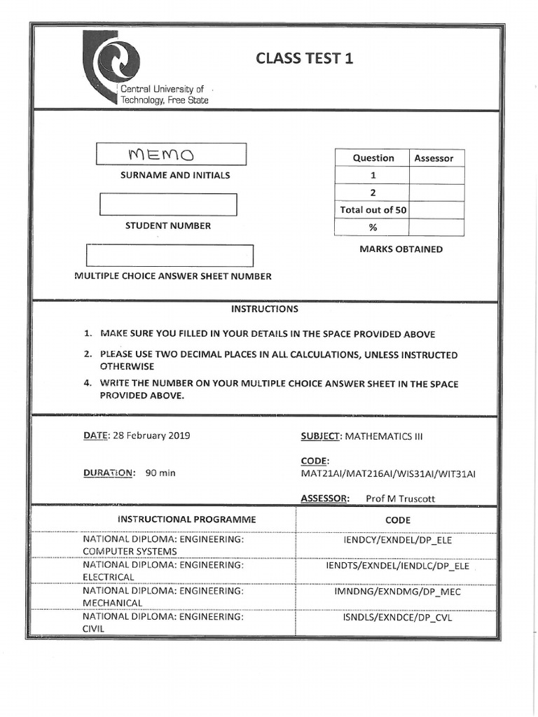 Class Test 1 Memo 2019 Semester1 | PDF