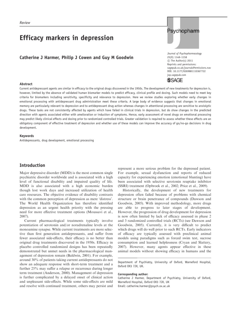 Efficacy Markers in Depression: Catherine J Harmer, Philip J Cowen and ...