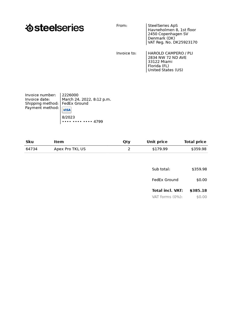 Invoice for Apex Pro TKL Purchase | PDF