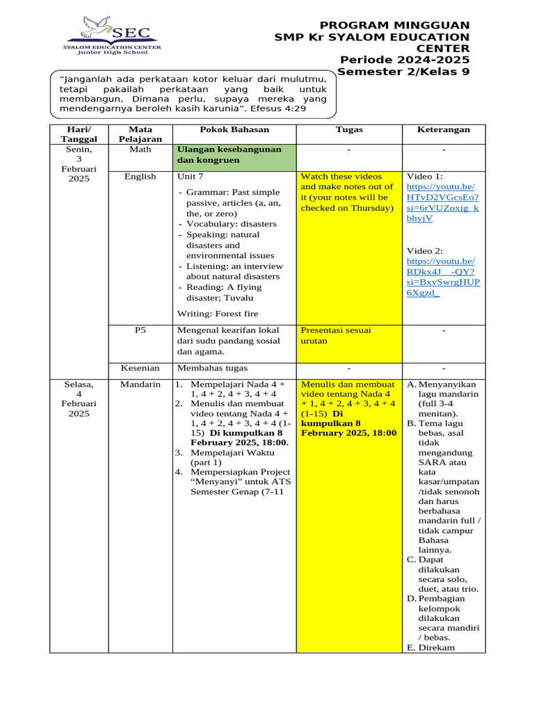 Jadwal Mingguan SMP Kr Syalom 2025 | PDF