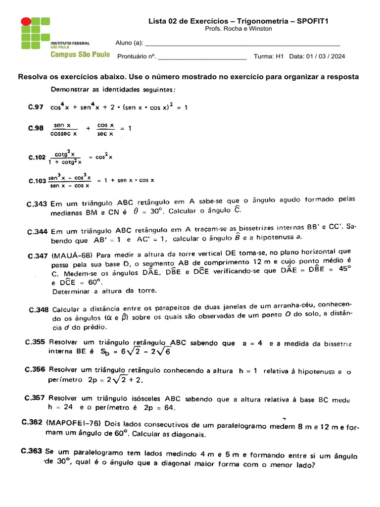 Lista de Exercicios Trigonometria | PDF