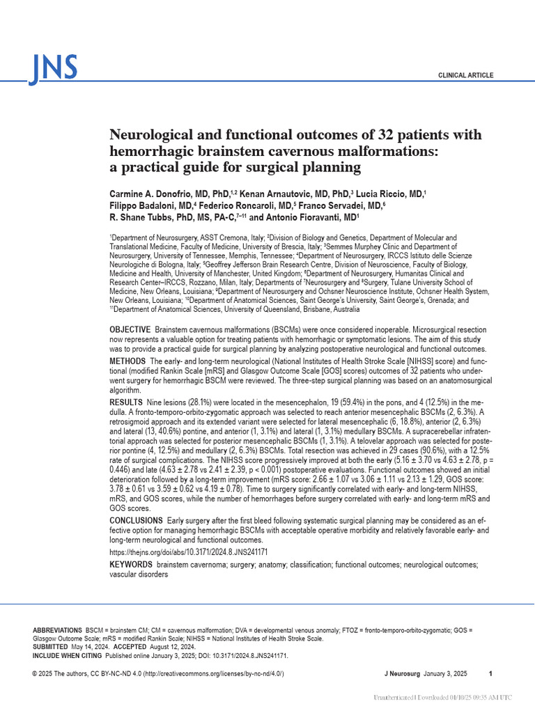 J Neurosurg Article 10.3171 2024.8.JNS241171 | PDF | Brainstem | Surgery