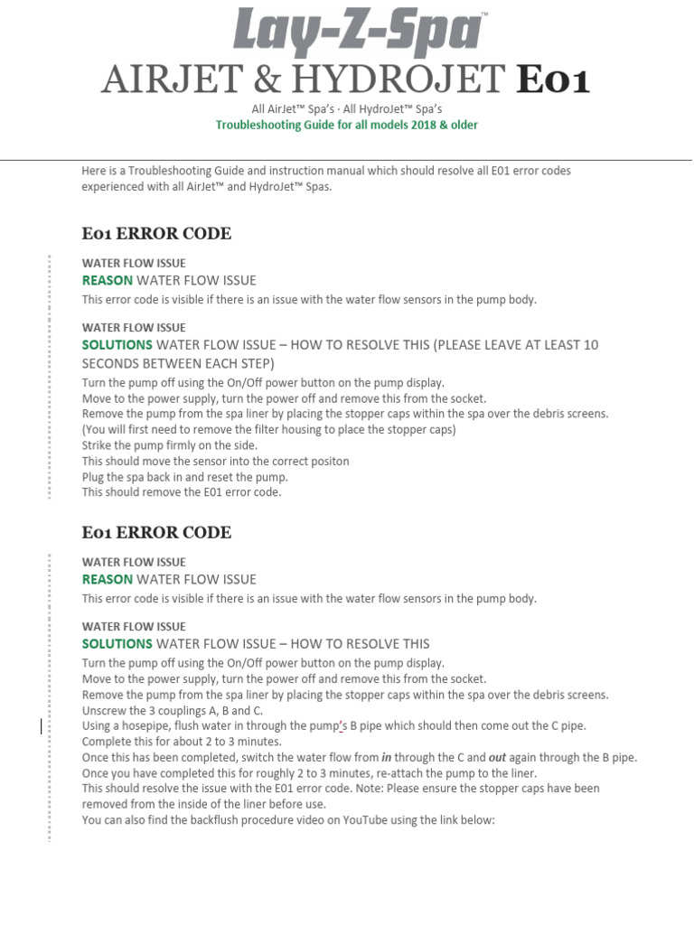 E01 Error Code Troubleshooting | PDF