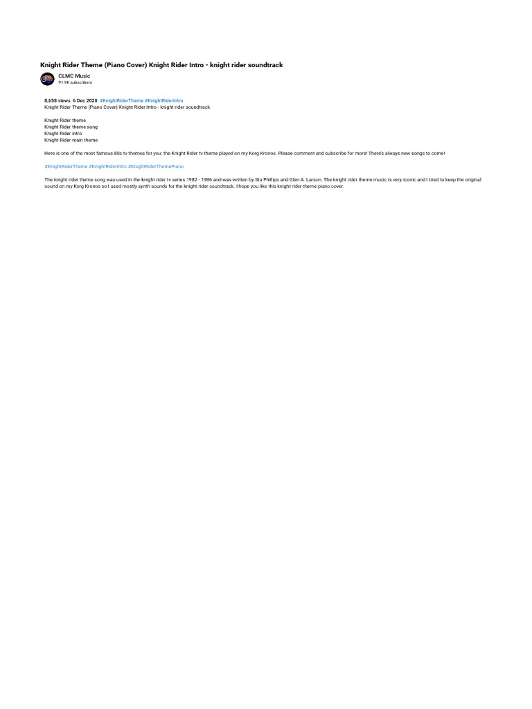 Knight Rider Theme (Piano Cover) Knight Rider Intro - knight rider ...