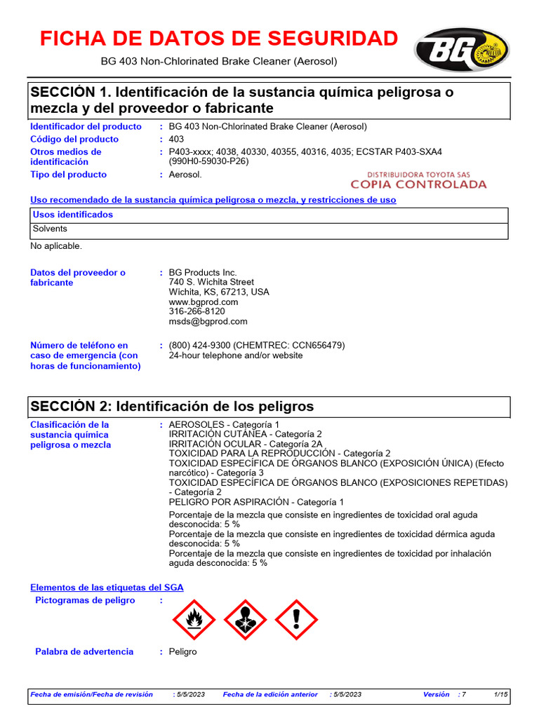 Ficha de Seguridad BG 403 Limpiador de Frenos | PDF | Combustión | Vapor