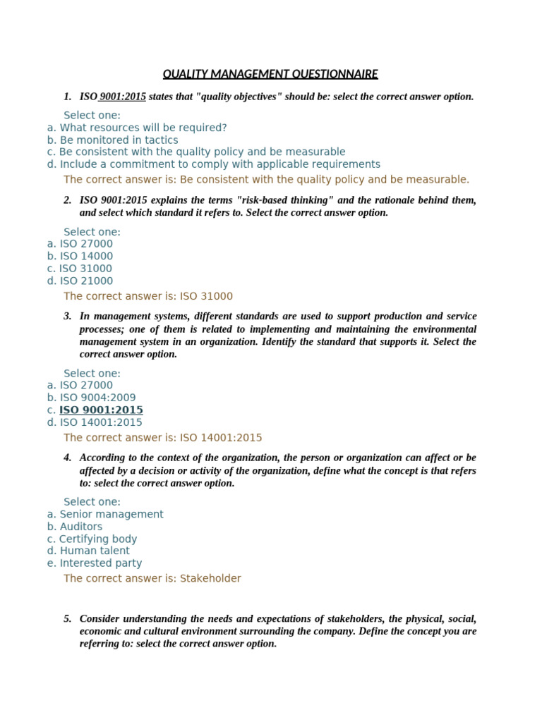 Quality Management Questionnaire | PDF | Quality Management | Quality ...