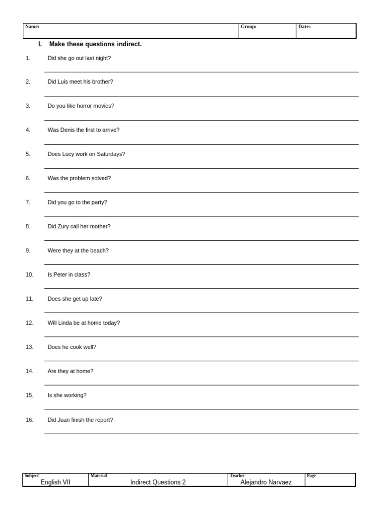 Indirect Questions Exercise 3 | PDF