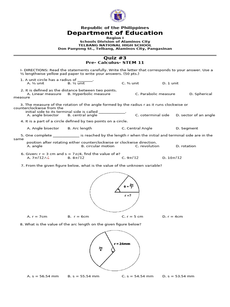 Quiz Pre Cal Pdf Trigonometric Functions Geometric Measurement