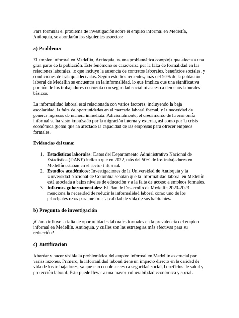 Para Formular El Problema de Investigación Sobre El Empleo Informal en ...