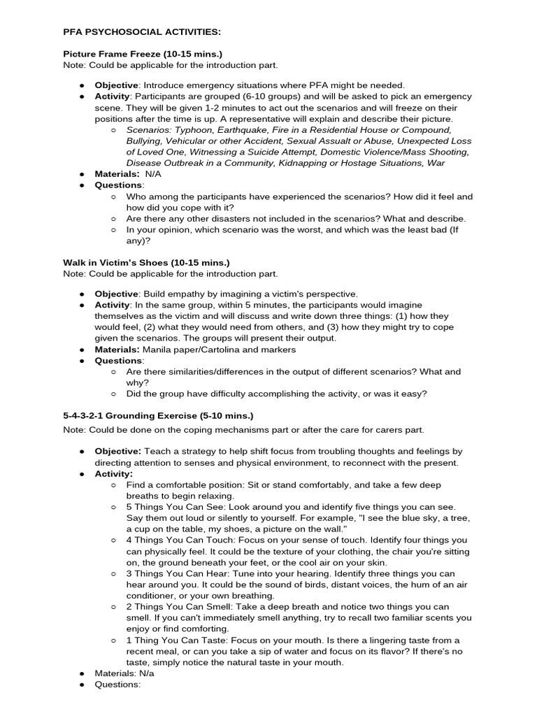 PFA Psychosocial Activities | PDF | Psychology