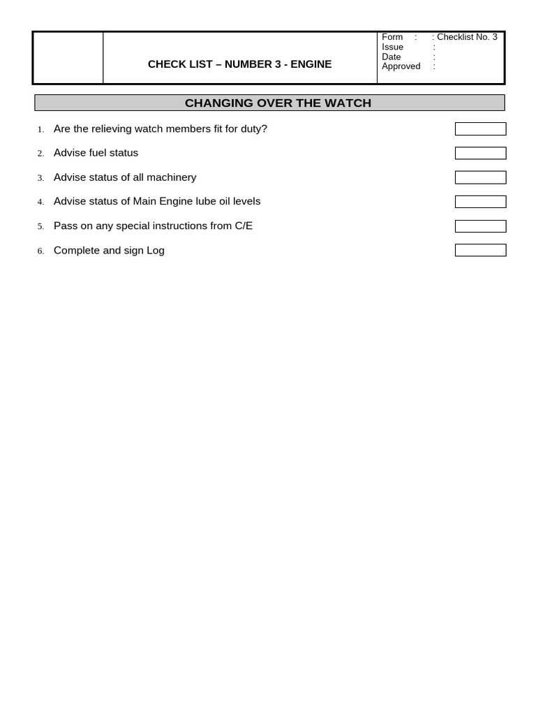 Engine Watch Change Checklist | PDF