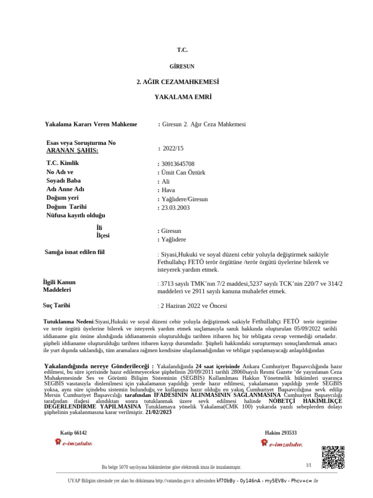 Yakalama Emri Yaglidere | PDF