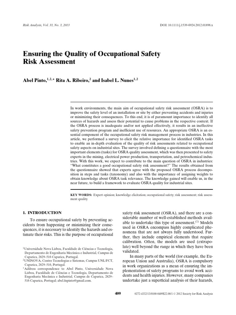 Risk Analysis - 2012 - Pinto - Ensuring The Quality of Occupational ...