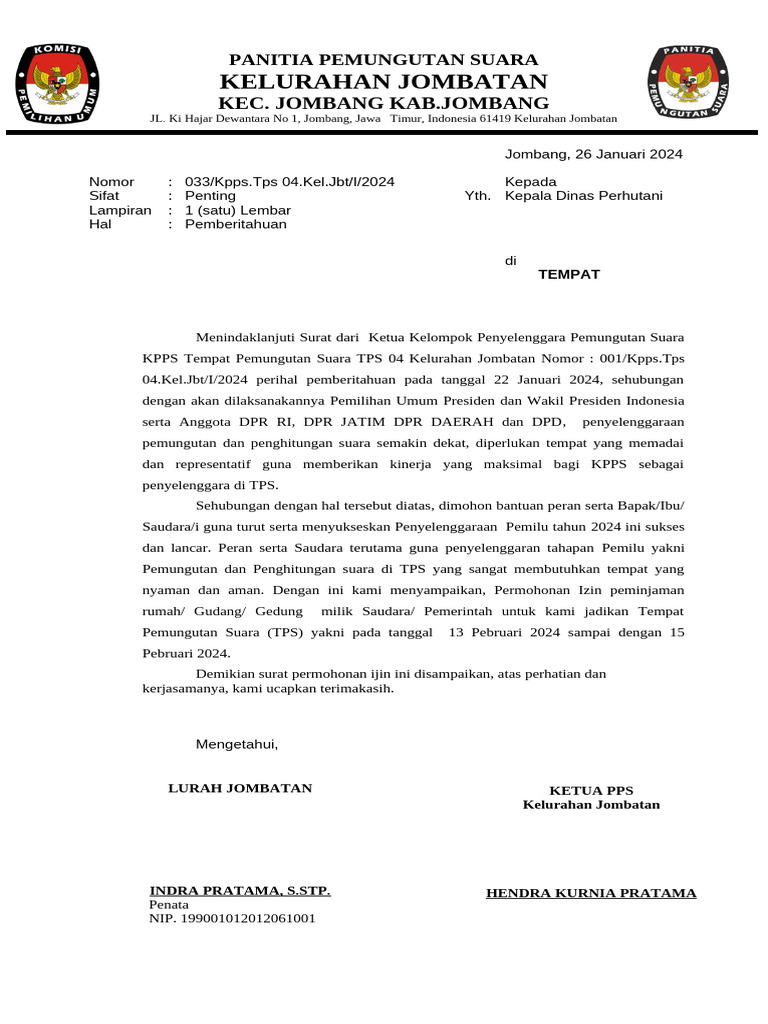 Surat Pinjam Bangunan Untuk TPS 4 Bagi KPPS Jombatan | PDF