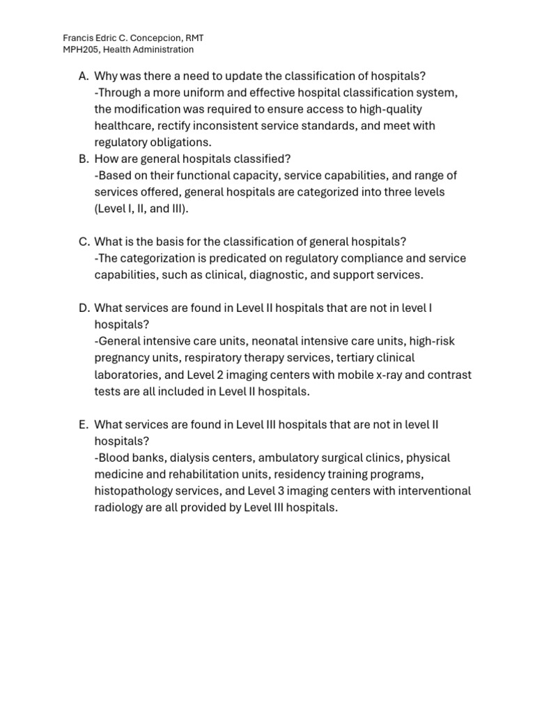Hospital Classification Levels Explained | PDF