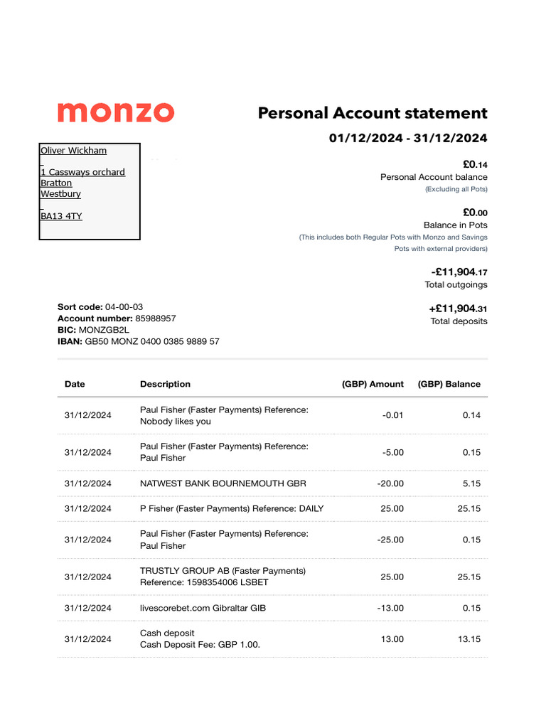 Monzo Statement DEC - PDF 3Fs 3D1 | PDF | Personal Finance | Banking