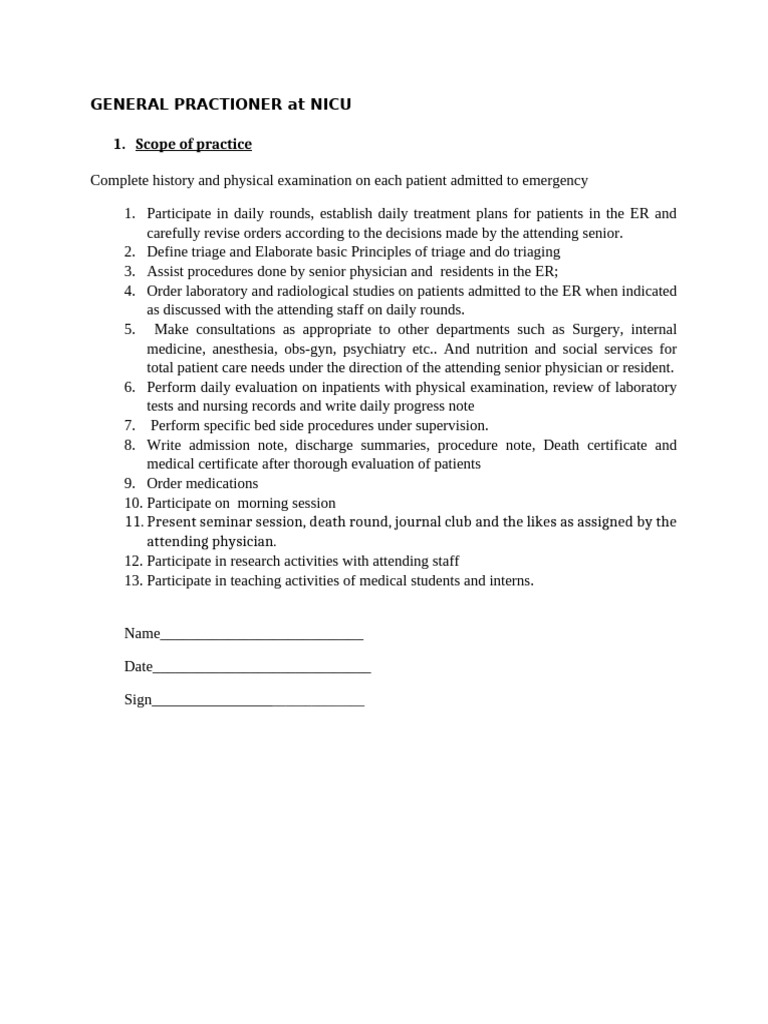 Nicu GP Scop of Practice | PDF