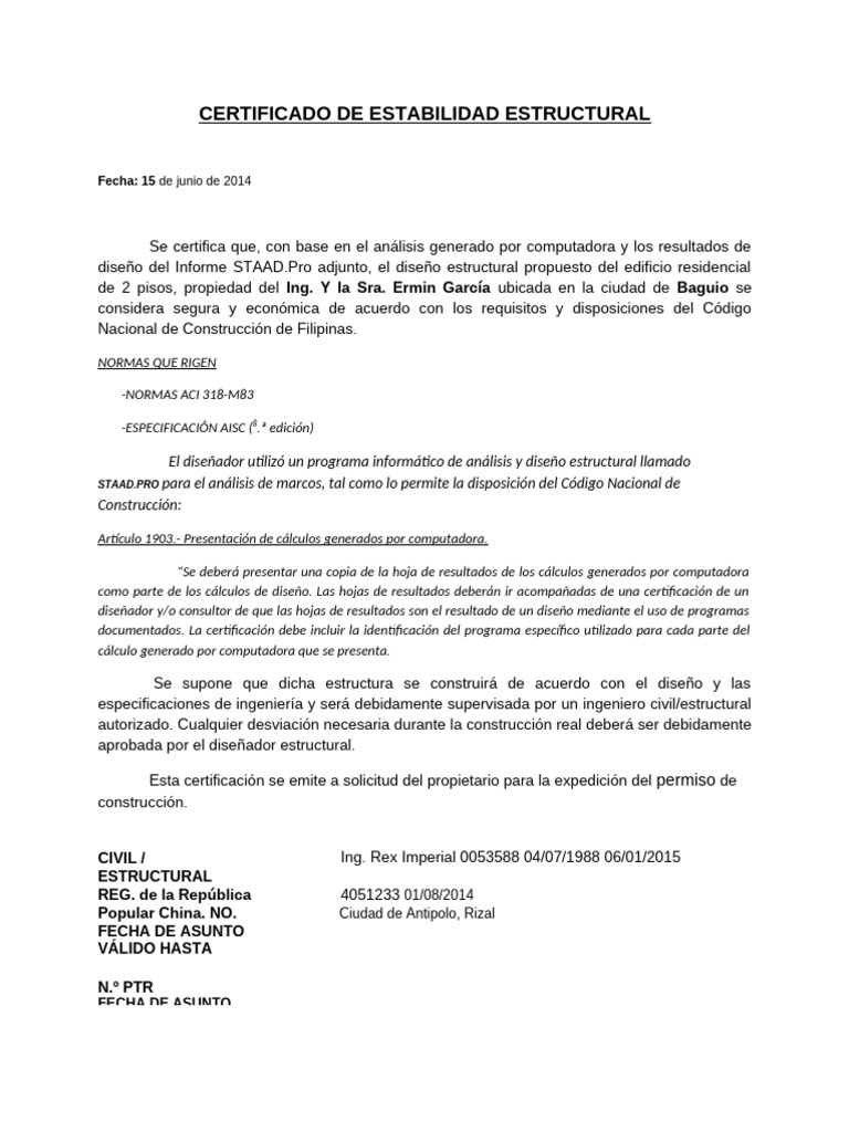 Certificado de Estabilidad Estructural | PDF