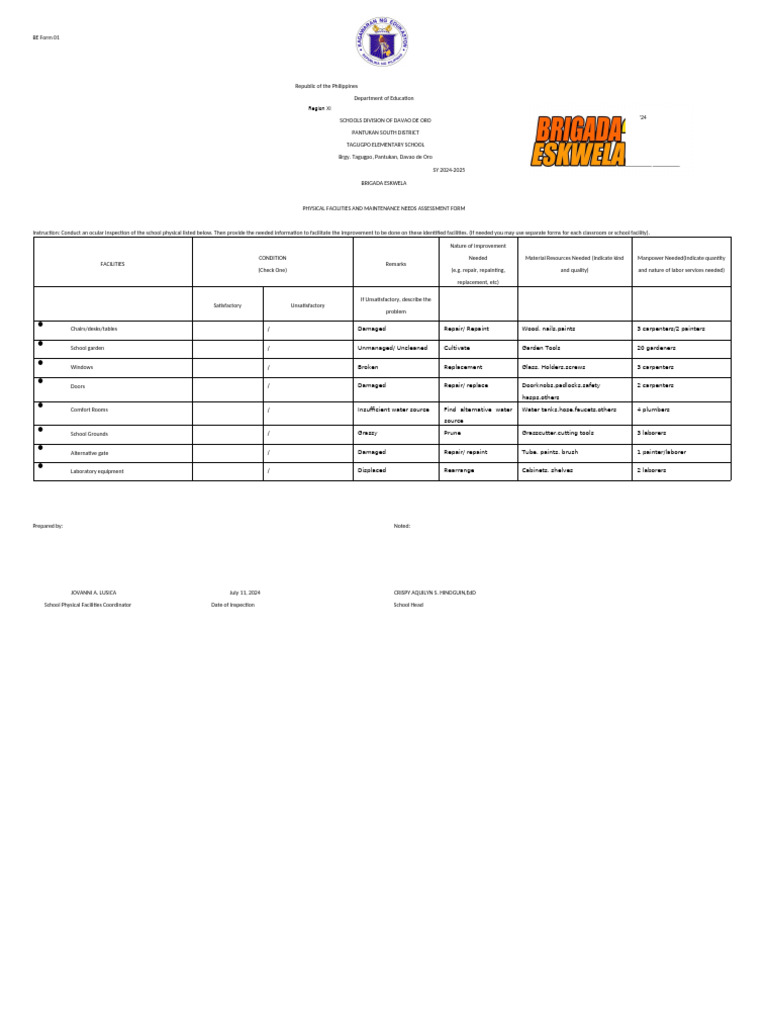 Be Form 1 Physical Facilities and Maintenance Needs Assessment Form | PDF