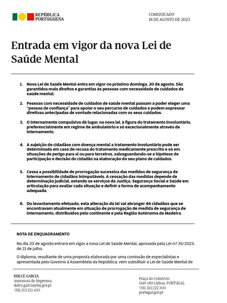 Nova Lei de Saúde Mental em Portugal | PDF | Saúde mental | Sociologia