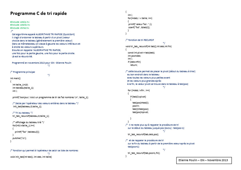 Algorithme de tri rapide en C | PDF | Informatique théorique | Génie ...