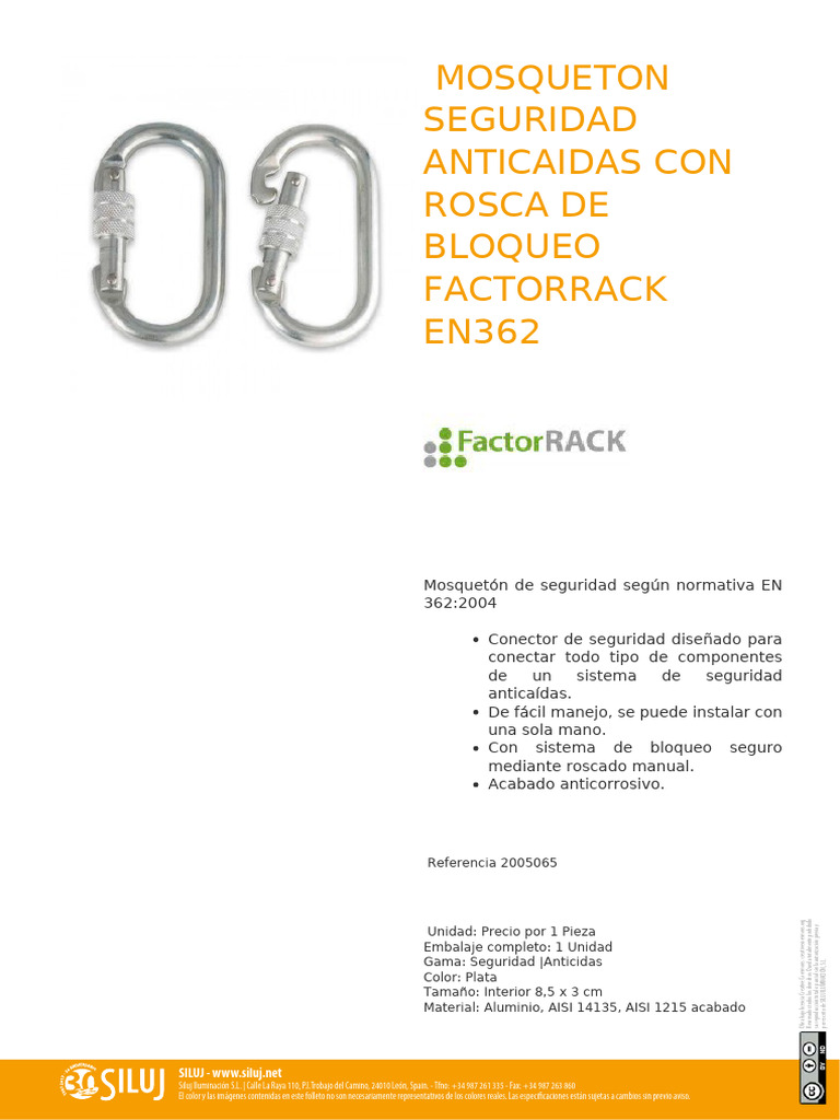 Mosqueton Seguridad Anticaidas Con Rosca de Bloqueo Factorrack En362 ...