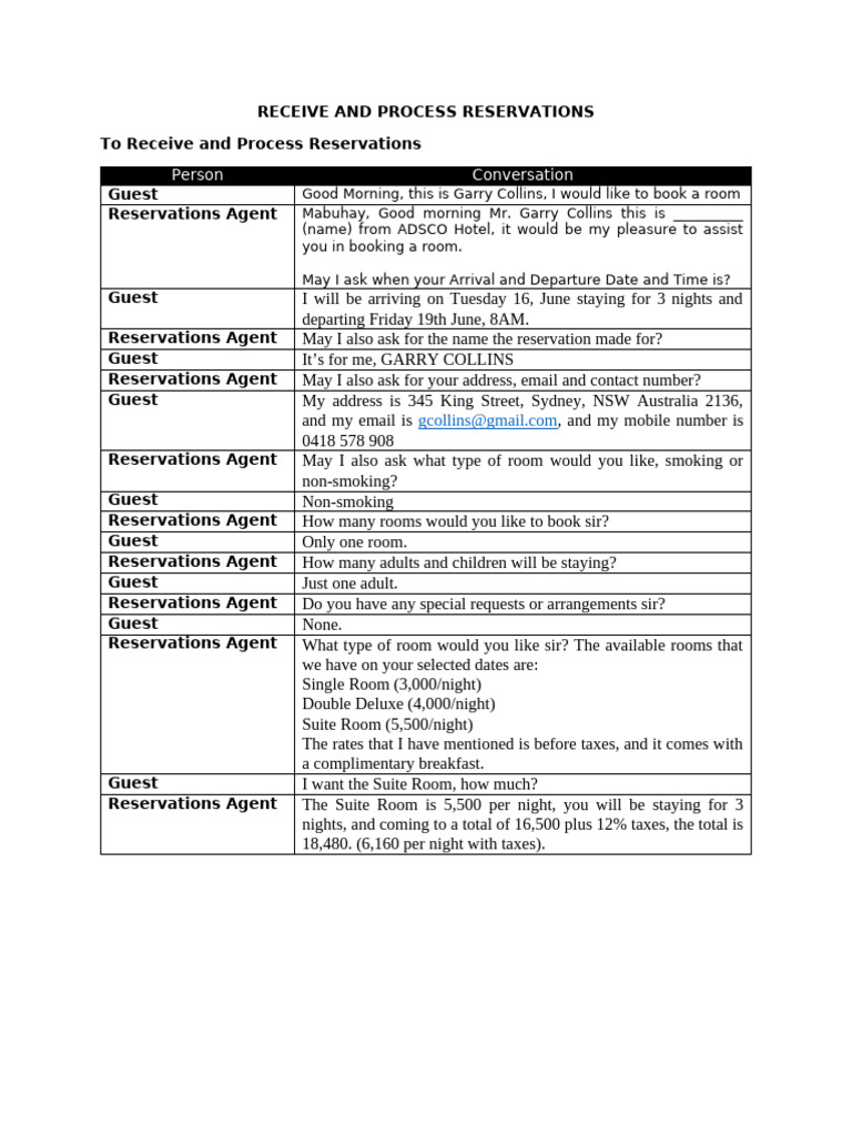 How to Process Hotel Reservations | PDF | Payments | Meal