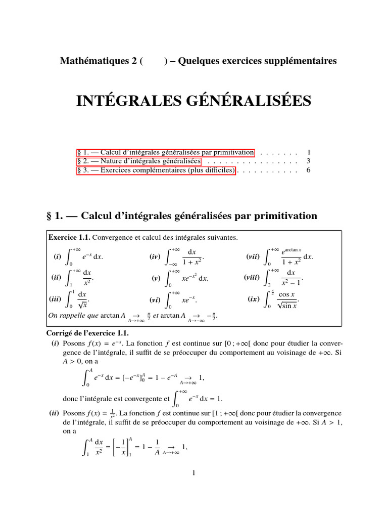 Exercices sur les intégrales généralisées | PDF | Limite (mathématiques ...
