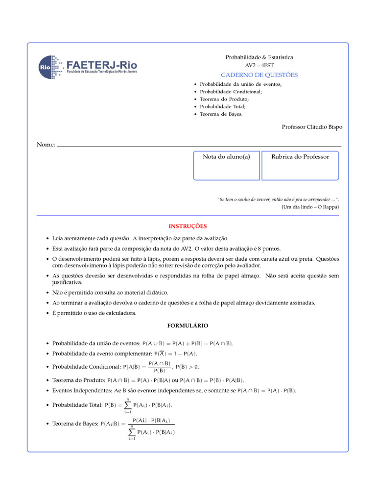 Prova 4estam Av2 2024-1c | PDF | Probabilidade