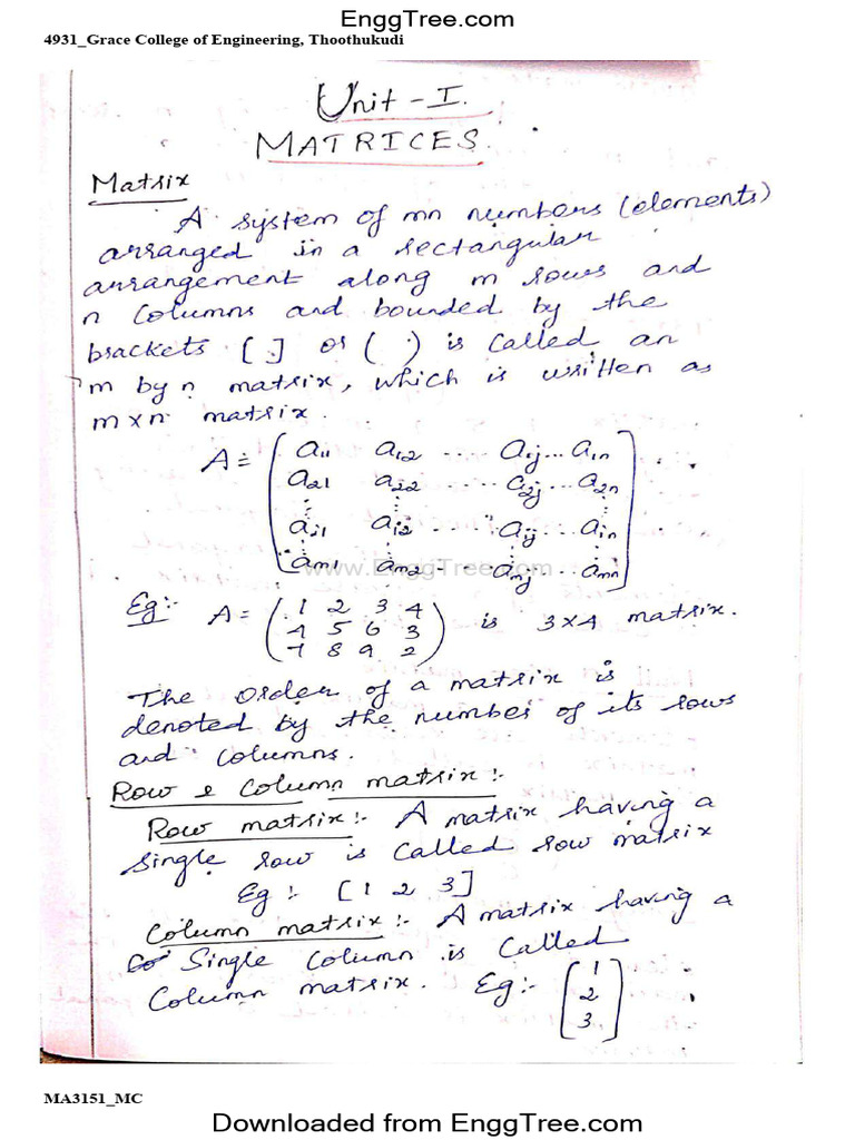 MA3151 Matrices and Calculus Notes | PDF