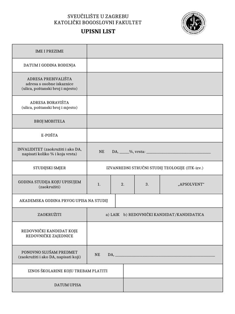 Upisni List Izvanredni | PDF