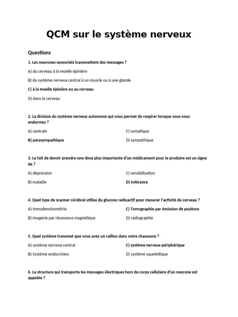 QCM sur le Système Nerveux | PDF | Système nerveux | Neurone