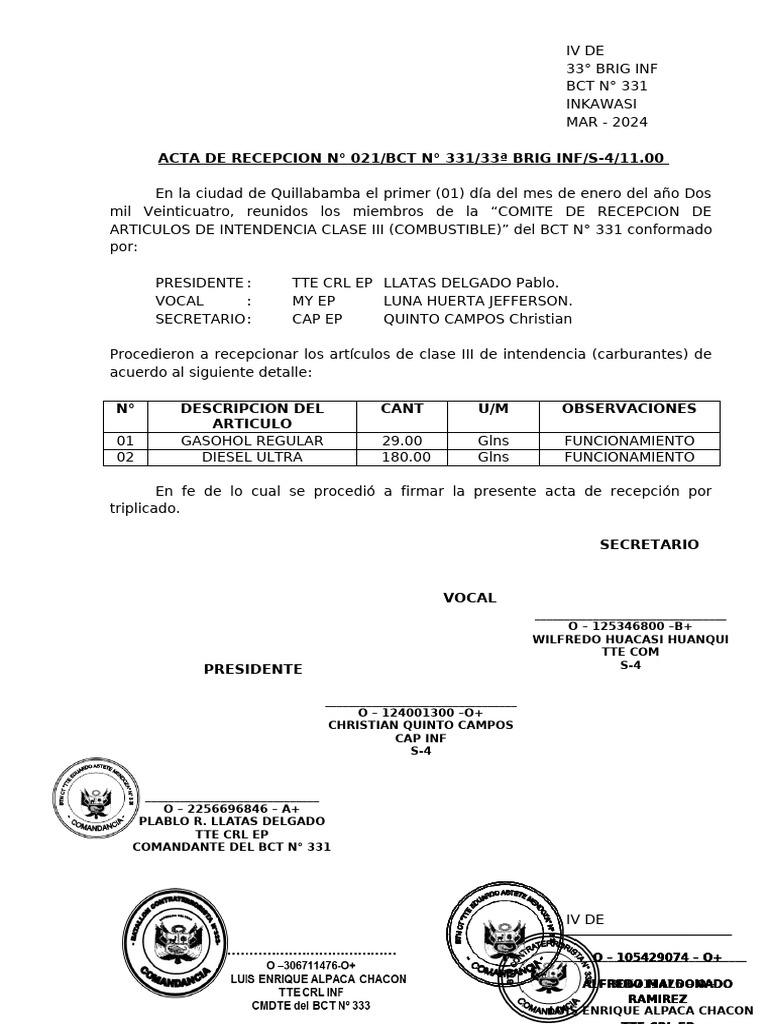 Actas de Recepción de Combustible | PDF