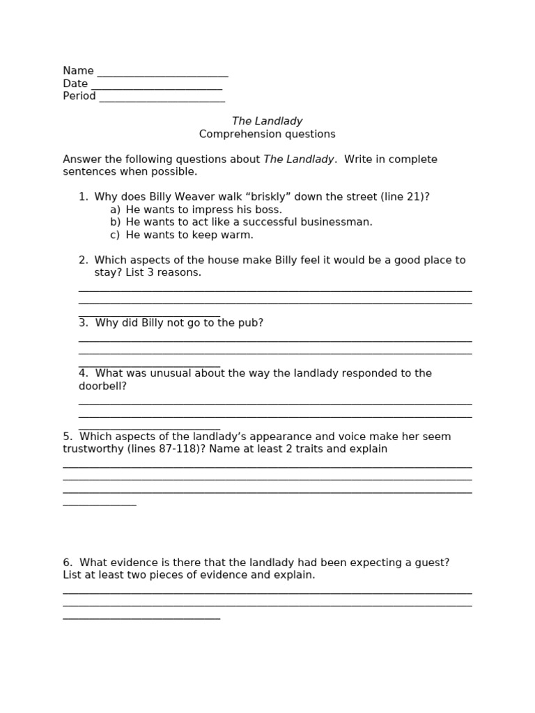 The Landlady - Comprehension Questions | PDF