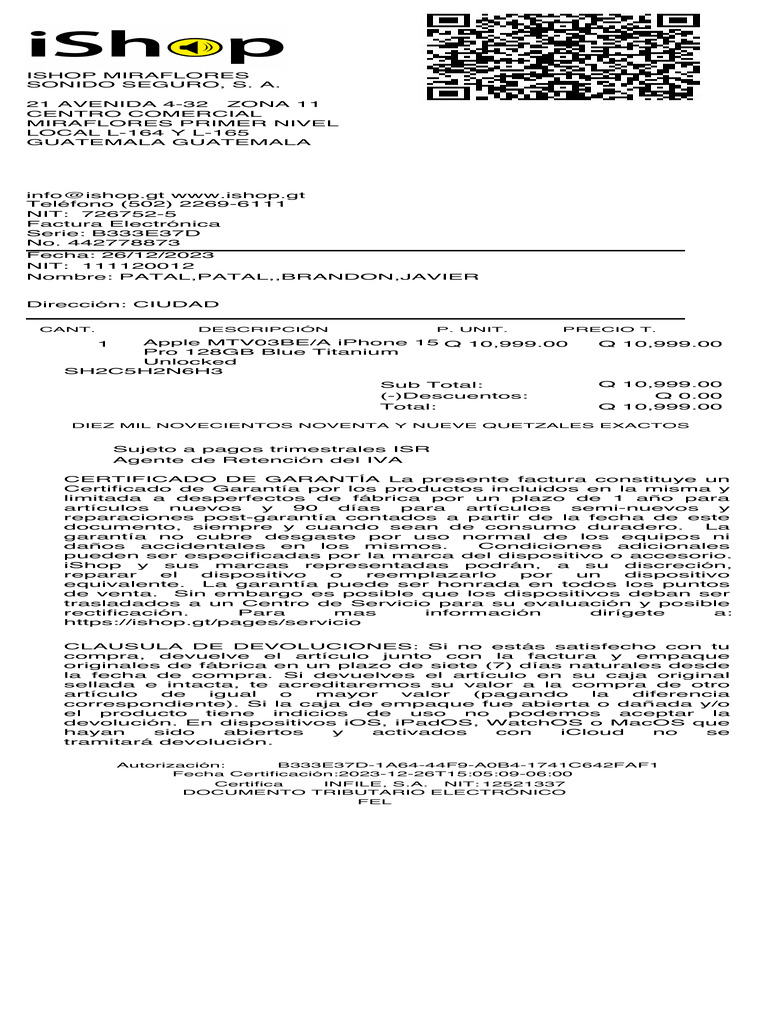 Abrir Nit 7267525 Certificacion Infile | PDF | Factura | Apple Inc.